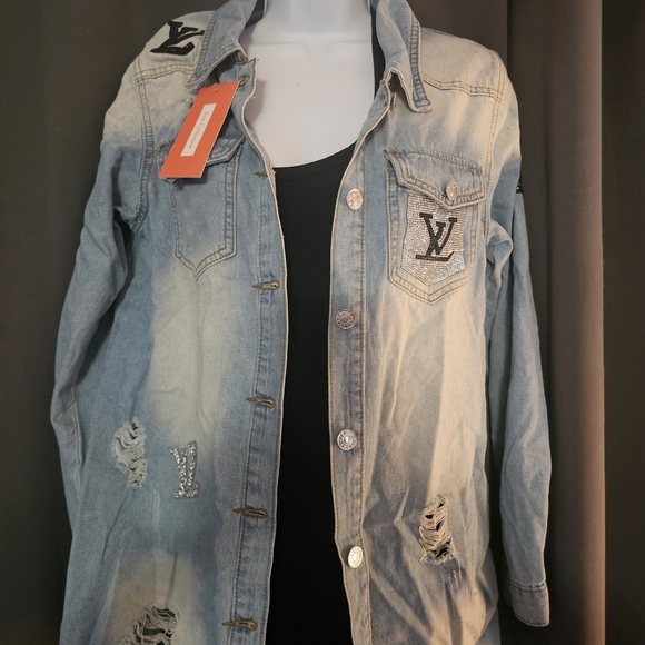 Tops | Denim Jacket With Lv Logo | Poshmark